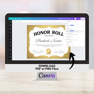 Editable School Honor Roll Certificate Academic Excellence Award (canva ...