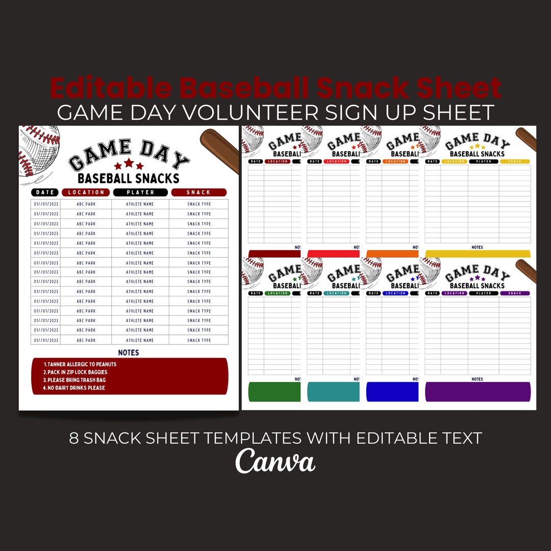 Editable Baseball Snack Sign up Sheet, Game Day Schedule, Canva ...