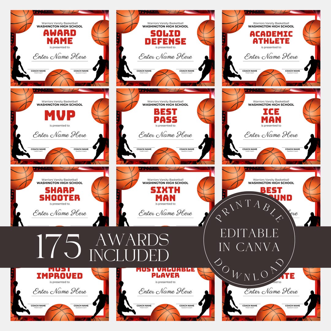 Basketball Award Certificate Bundle Editable Canva Templates (digital ...