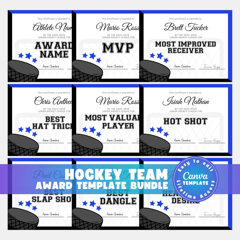Editable Hockey Certificate Awards Template, 40 Award Certificates in 8 ...