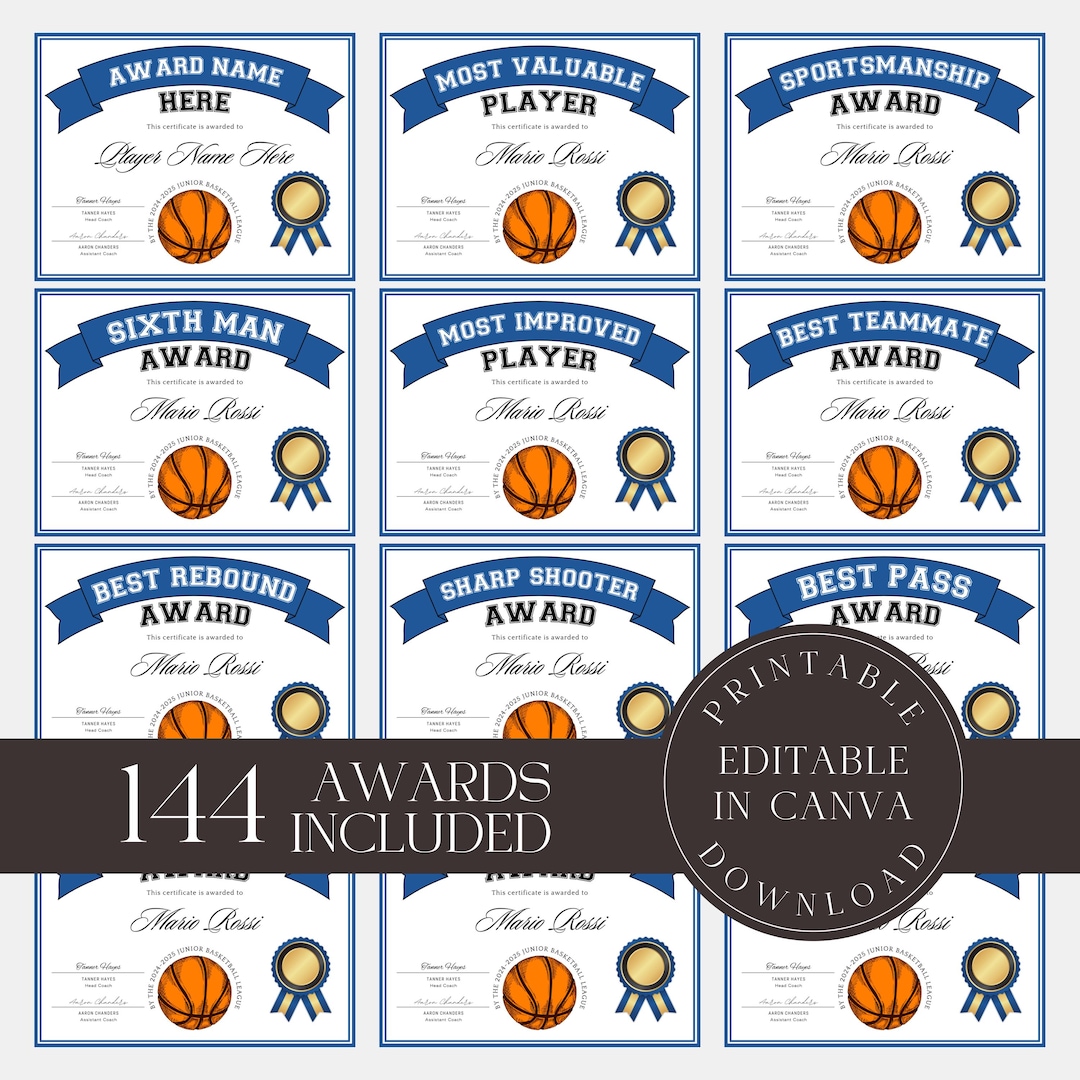 Editable Basketball Award Certificates Team MVP, Printable Canva ...