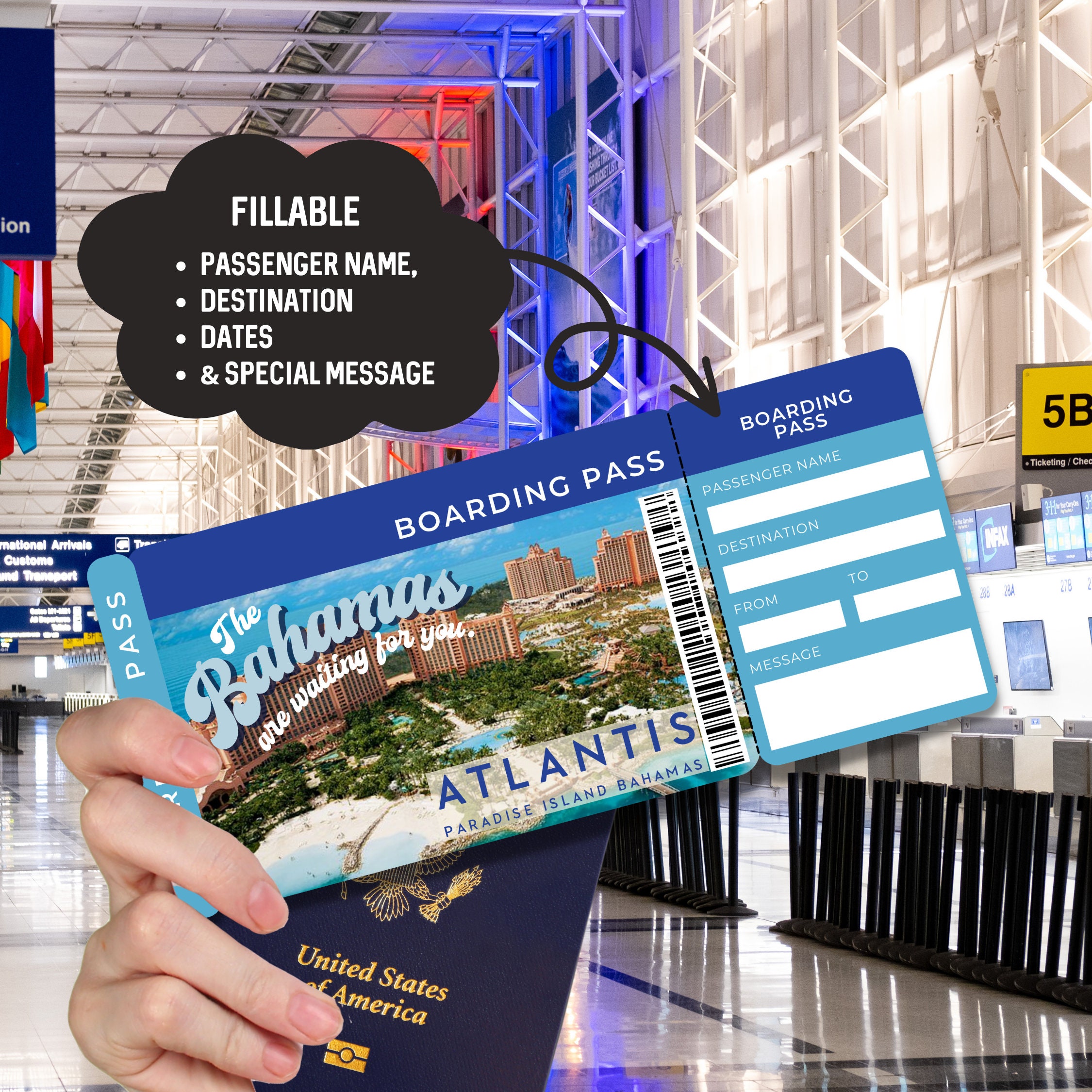 Bahamas Vacation Boarding Pass Surprise Trip Ticket (canva Template ...