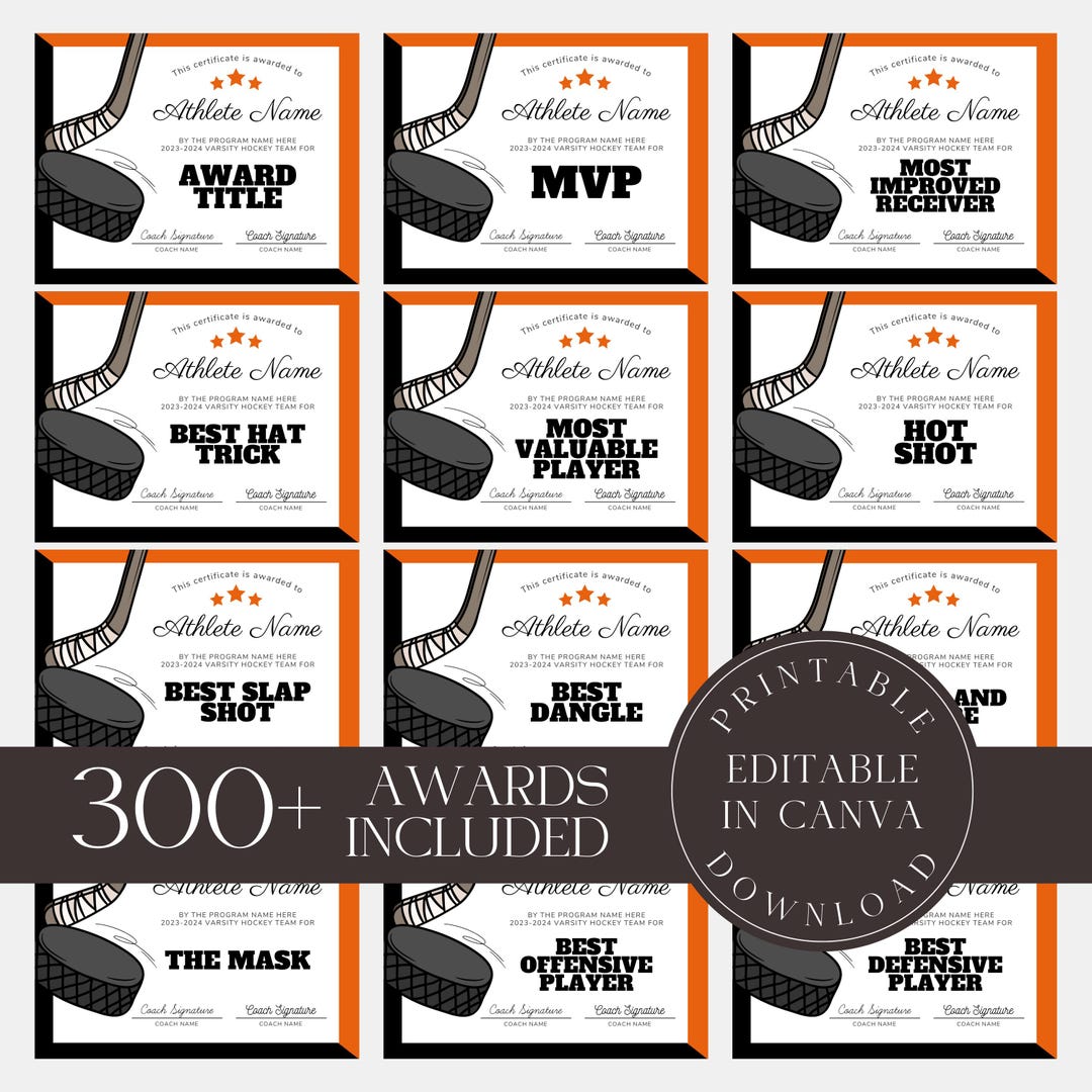 Editable Hockey Award Certificates Team Party Gift (canva Template ...