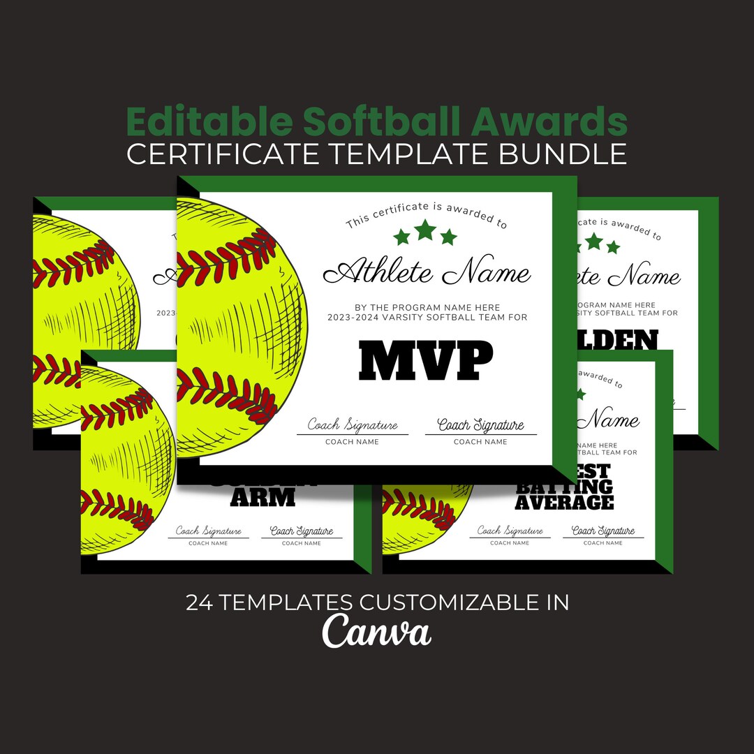 Softball Awards Printable, Softball Team Certificate Bundle, Editable ...