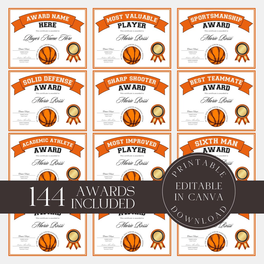 Basketball Award Certificates Editable Canva Template (digital Download ...