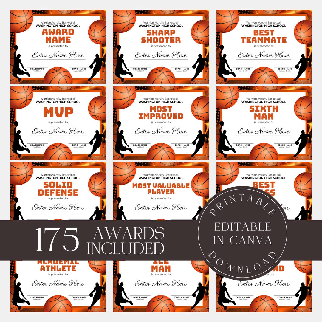 Editable Basketball Award Certificates Team MVP Template (canva) - Etsy