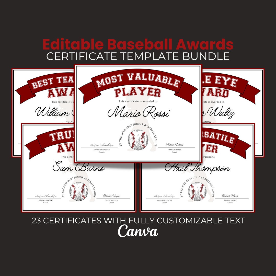 Editable Baseball Award Certificate Bundle, Editable Canva Template ...