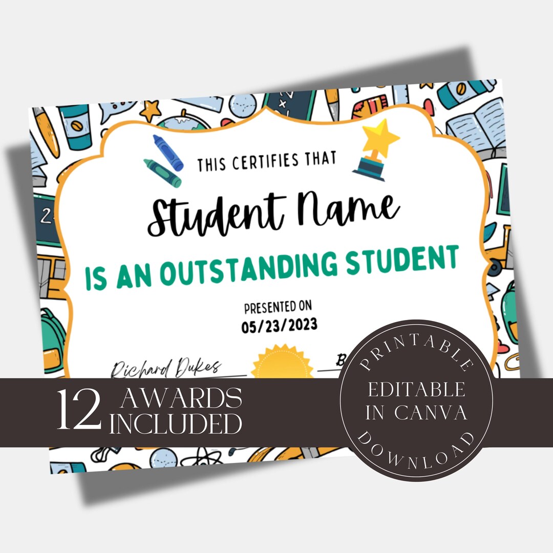 Editable School Certificate Outstanding Student Elementary Classroom ...