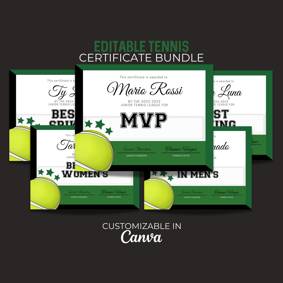 End of Season Tennis Certificate Bundle, Editable Tennis Award, Canva ...