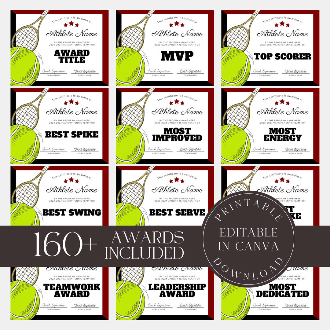 Tennis Award Certificate Bundle Editable Team Certificates (printable ...