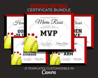 Softball Award Certificate Editable Canva Template Printable - Etsy