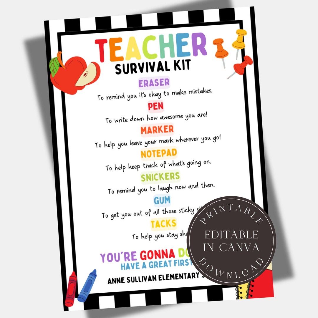 Editable Teacher Survival Kit Card Back to School Teacher Gift ...