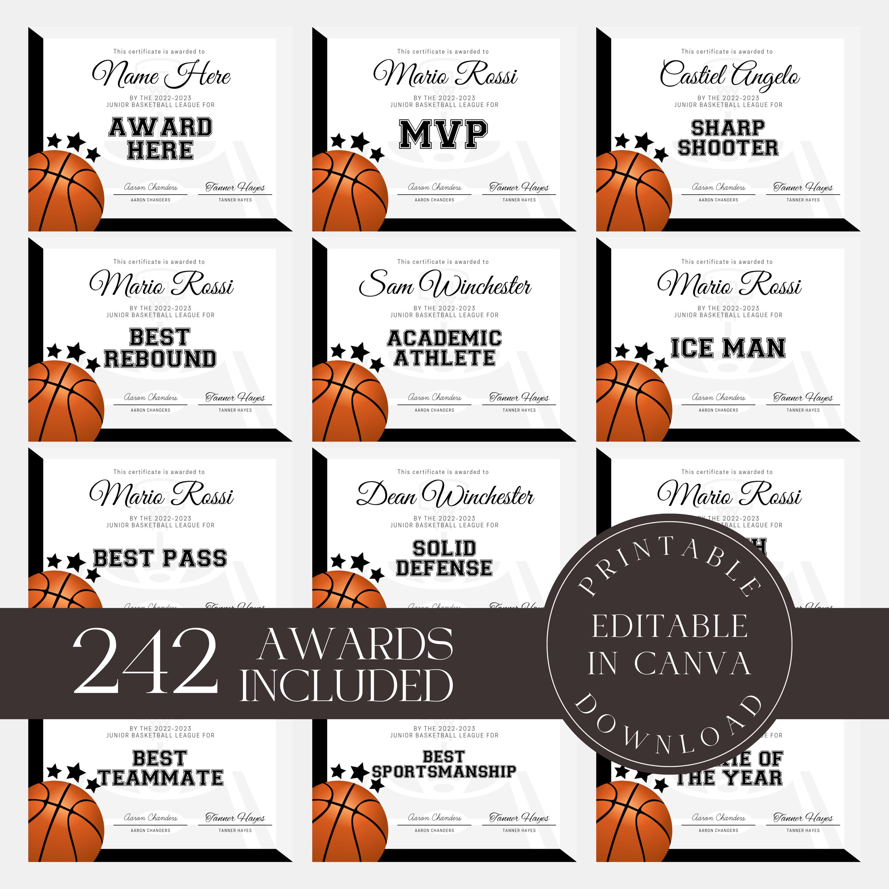 Editable Basketball Award Certificates, Basketball Awards Bundle Canva ...