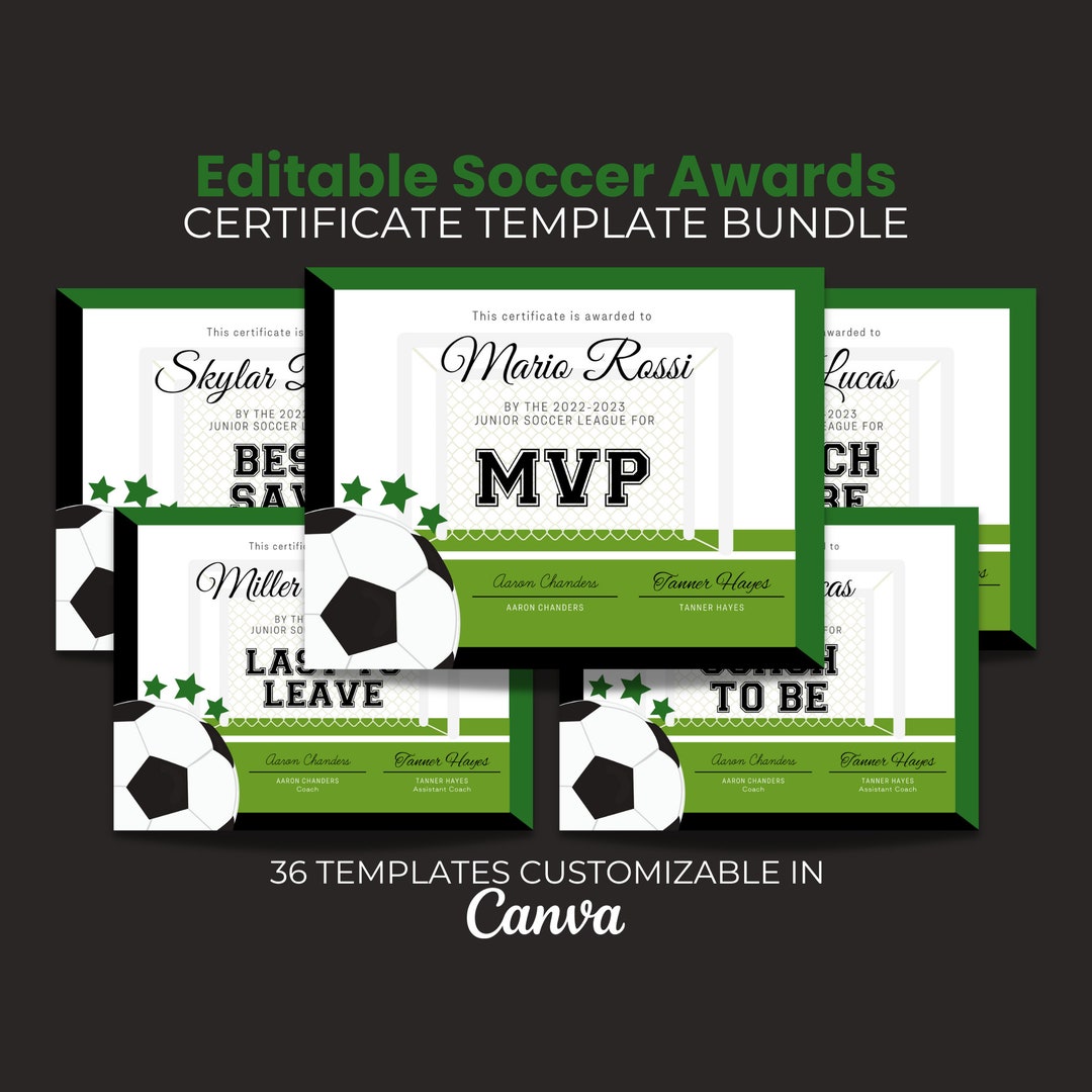 Editable Soccer Award Certificate, Canva Template Bundle, Team Party ...