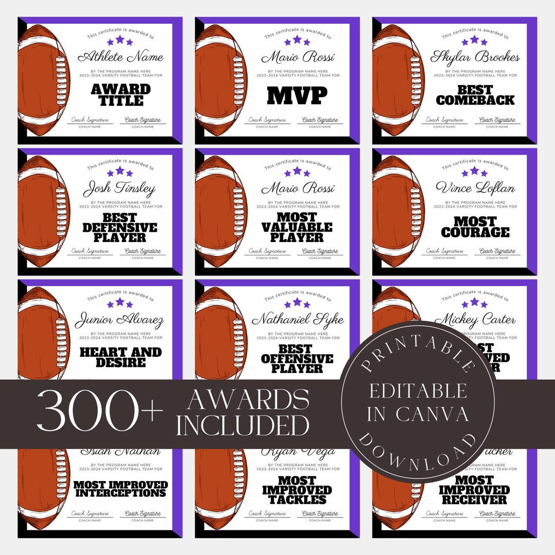 Editable Football Award Certificates Team MVP, Canva Template (digital ...