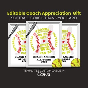 Editable Coach Appreciation Gift, Softball Coach Thank You Card ...