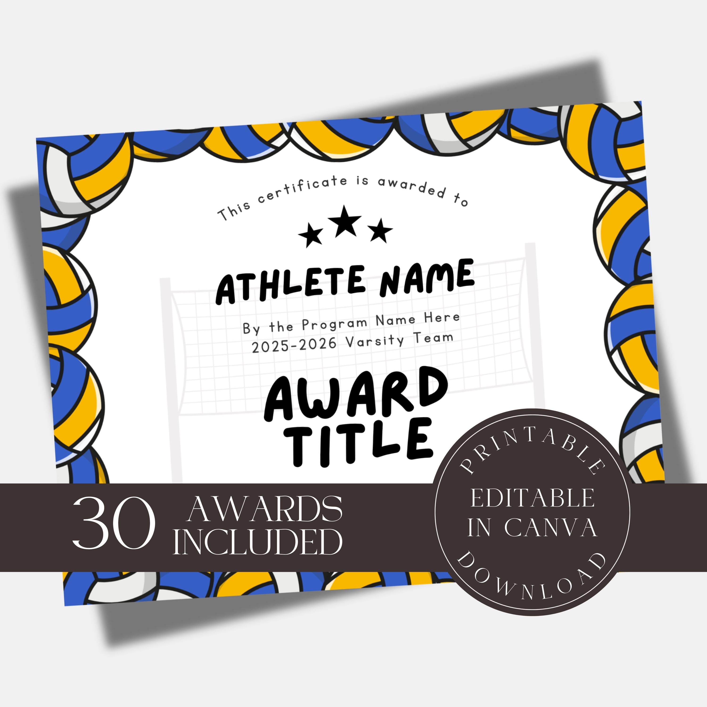 Editable Volleyball Awards Team Certificates, Printable (canva ...
