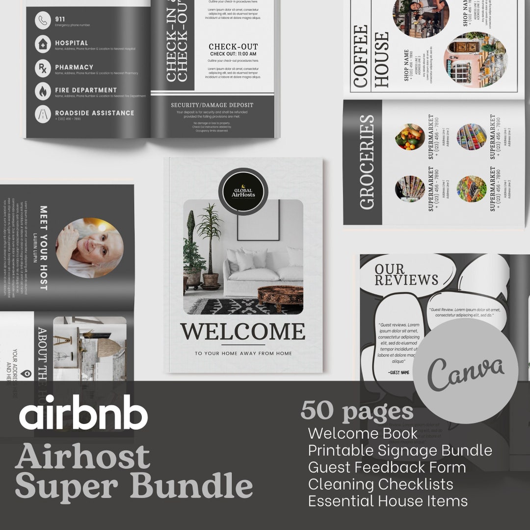 Editable Airbnb Welcome Book Template Modern Grey 50-page Bundle (canva ...