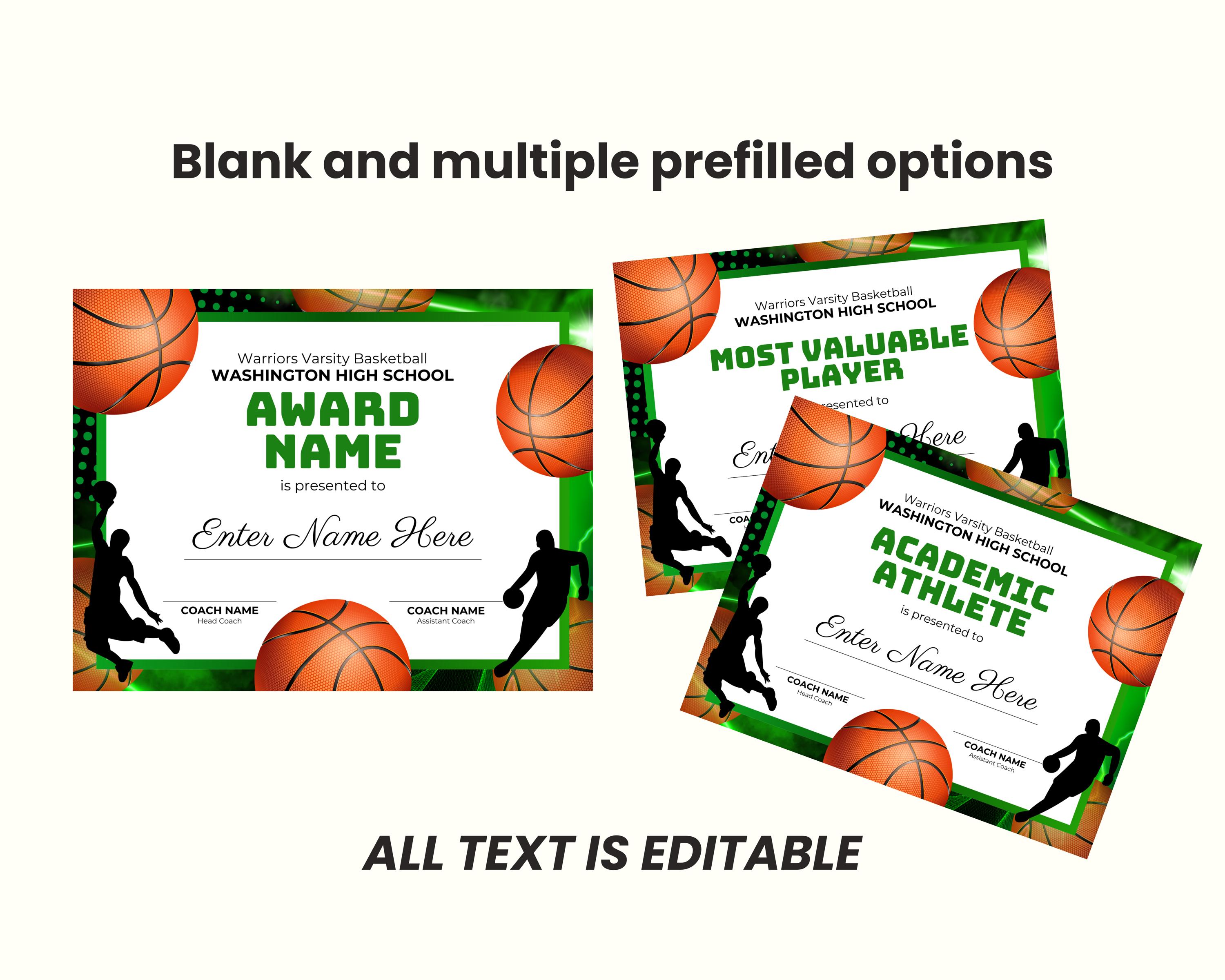Editable Basketball Awards Template, Custom Bball Award Certificates ...