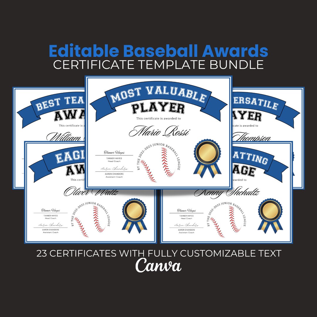 Editable Baseball Award Certificate Bundle, Editable Canva Template ...