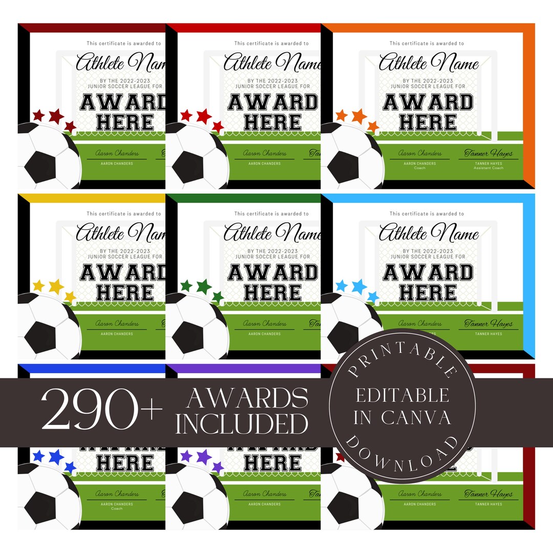 Plantilla de certificado de premio de fútbol editable, paquete de ...