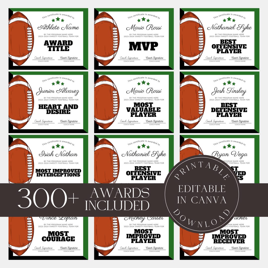 Editable Football Award Certificates Team Party Awards (canva Template ...