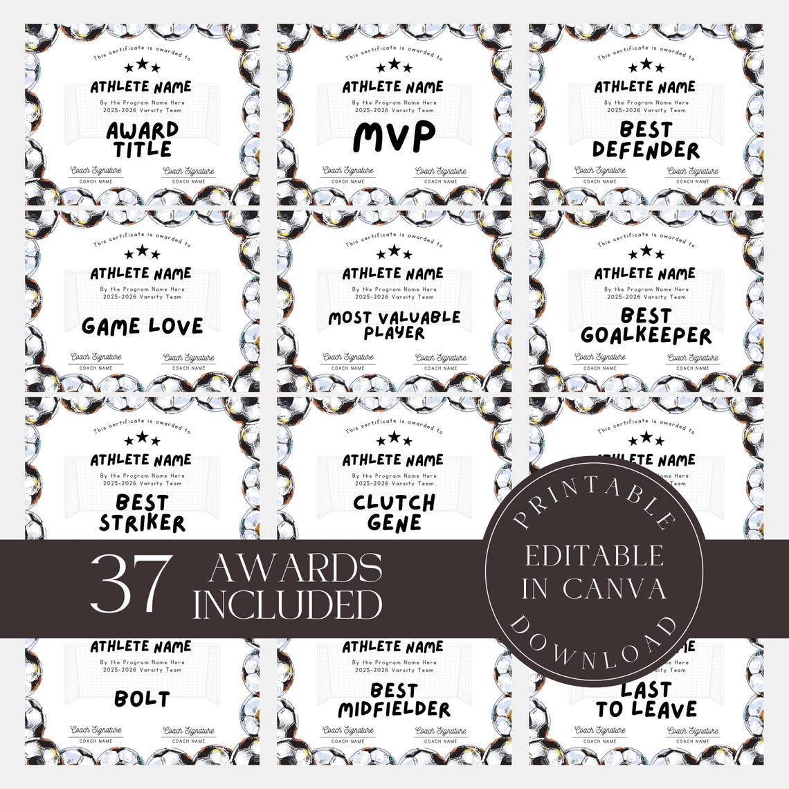 Personalized Soccer Award Certificates Printable Team Awards (canva ...