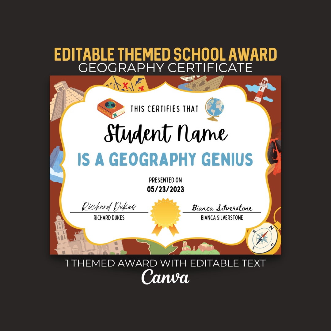 Editable School Certificate Student Geography Award - Etsy