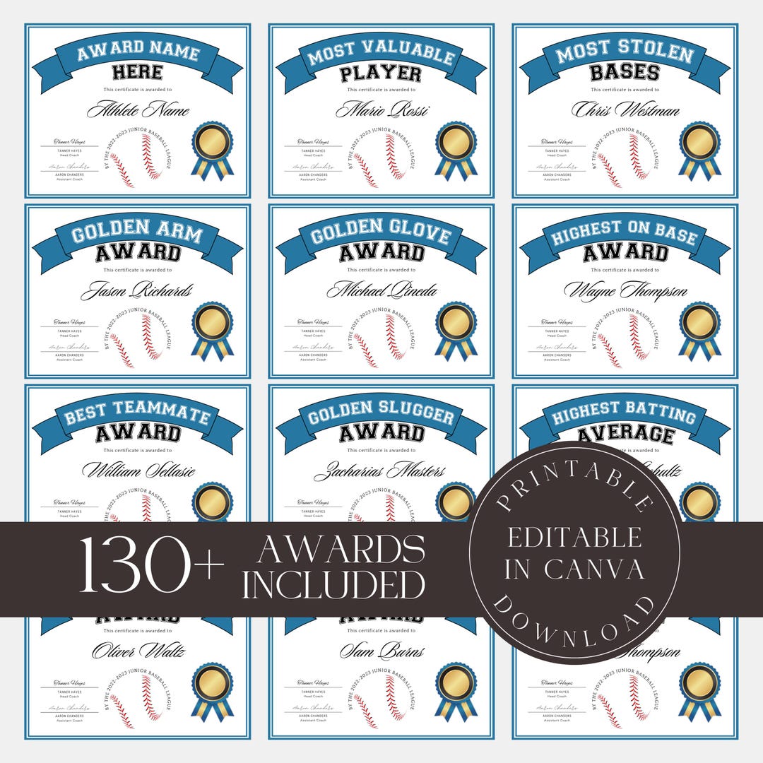 Personalized Baseball Award Certificates Editable Team Awards (canva ...