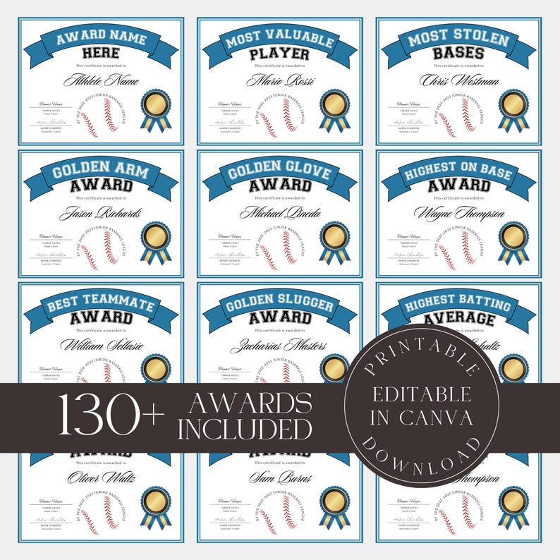 Personalized Baseball Award Certificates Editable Team Awards (canva ...