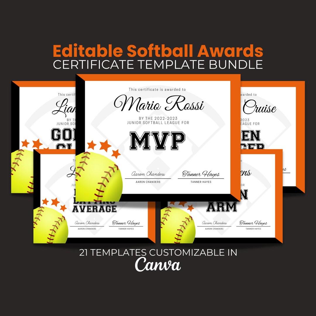 Softball Awards Printable, Softball Team Certificate Bundle, Editable ...