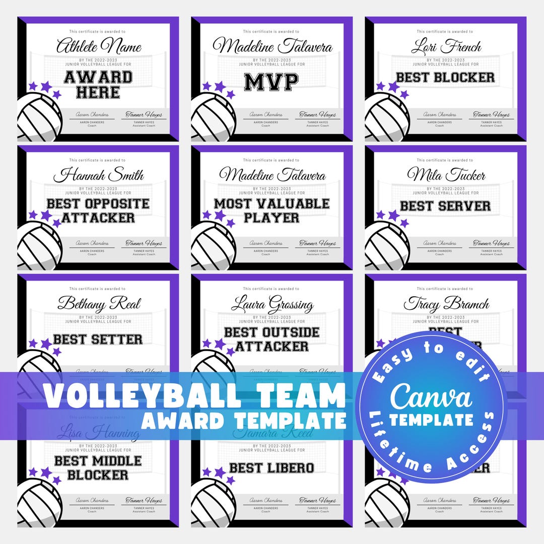 Editable Volleyball Awards Certificates Bundle Team Recognition (canva ...