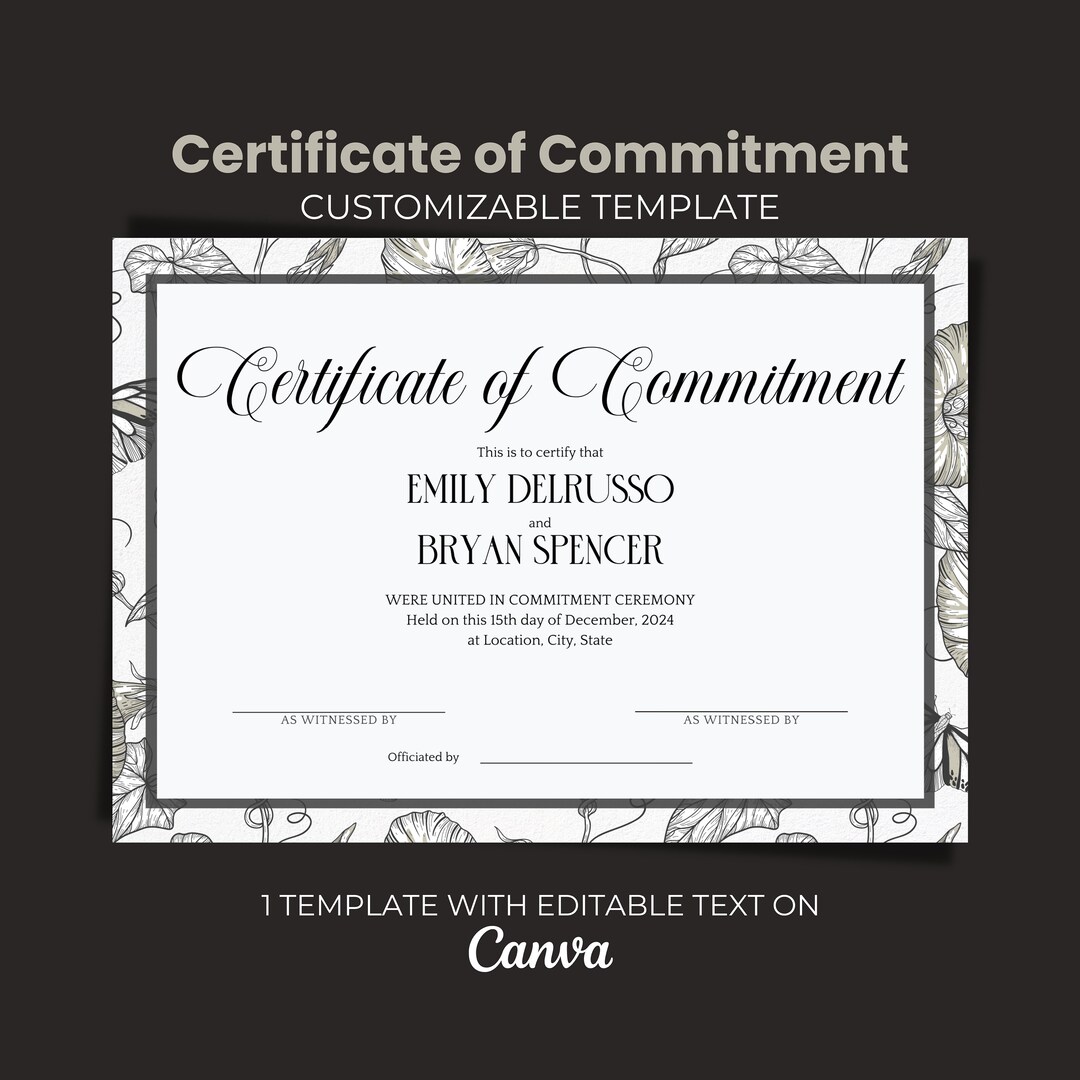Editable Commitment Certificate Template, Certificate of Marriage, Wedding, Vow Renewal ...