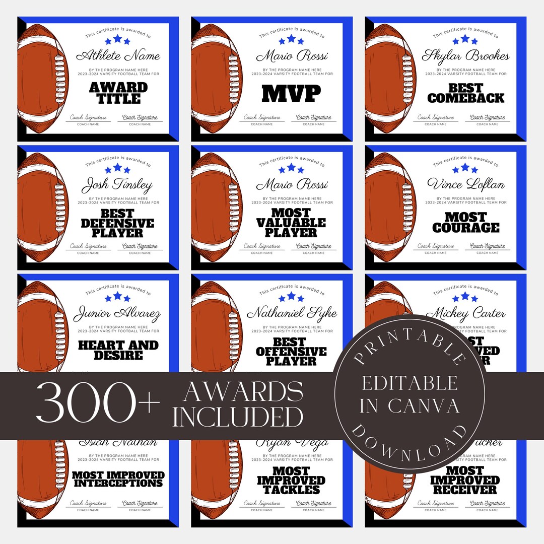 Editable Football Award Certificates Team MVP, Canva Template (PDF) - Etsy