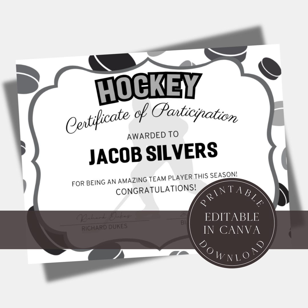 Editable Hockey Award Certificate: Printable Team Party Award (canva ...