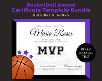 Basketball Award Certificate Editable Canva Template - Etsy