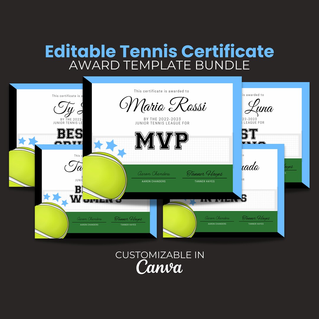 Editable Tennis Certificate Bundle, Tennis Award, Team Party Printable ...