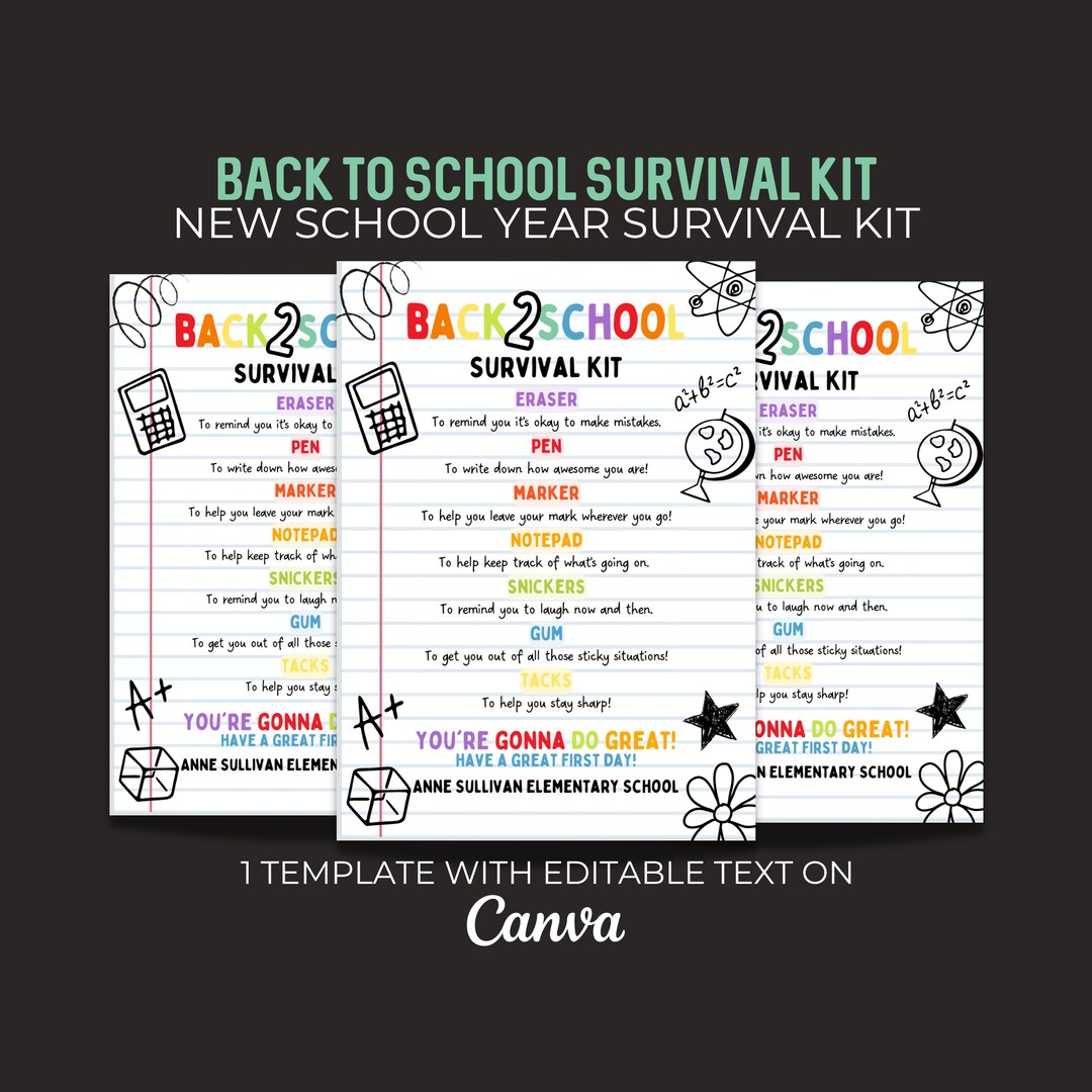 Editable Back to School Survival Kit Card Staff Teacher Gift - Etsy