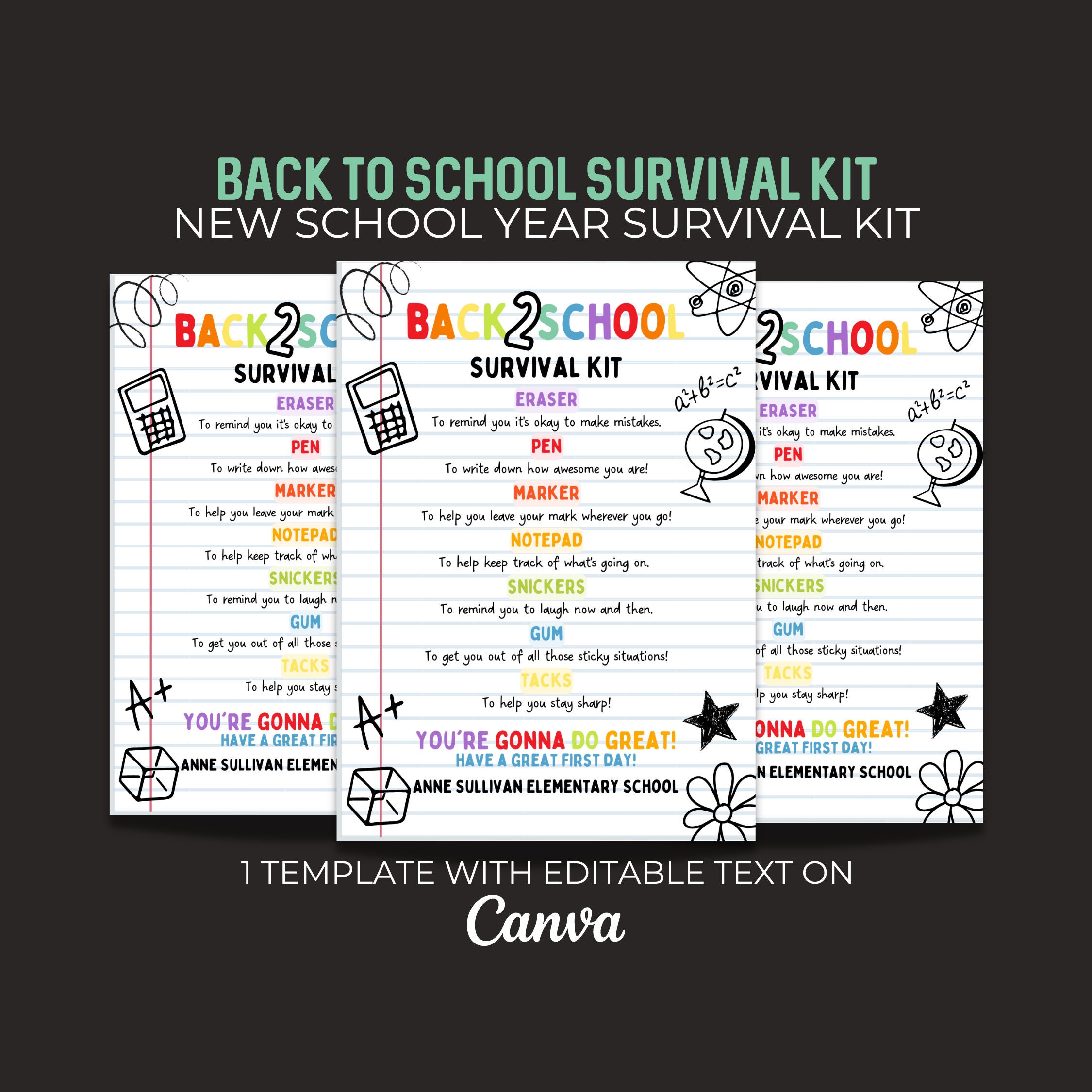 Editable Back to School Survival Kit Card Staff Teacher Gift - Etsy