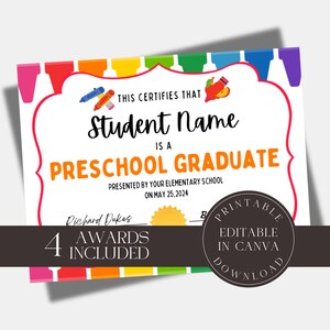 Editable Preschool Award, Elementary PRE-K Classroom Award Certificate ...