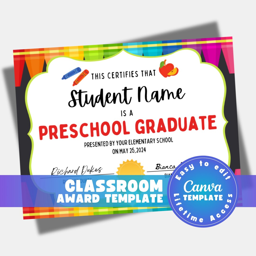 Pre-k Award Certificate Template, Editable Preschool Graduation Diploma ...