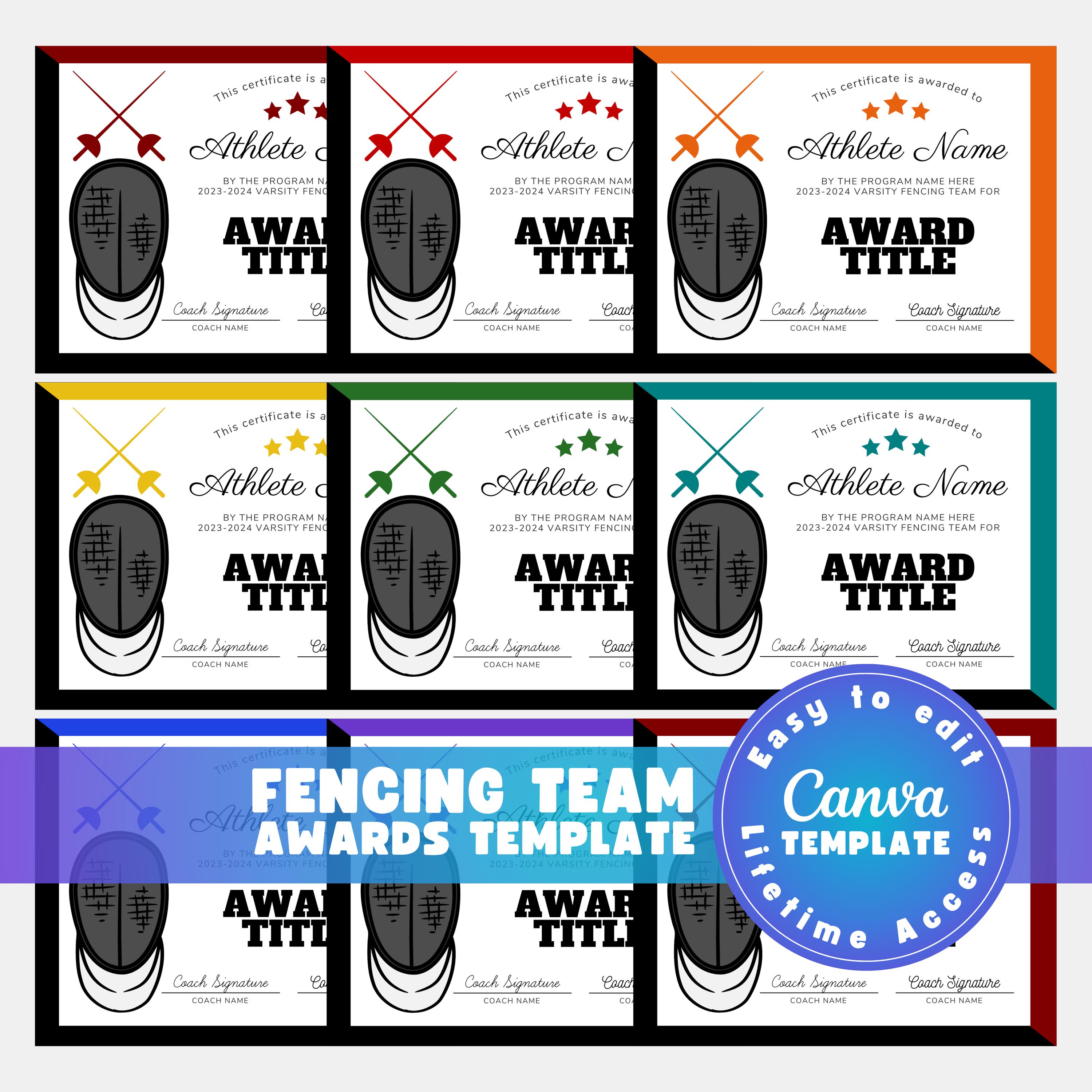 Editable Fencing Team Certificate Template Printable Fencer Award ...