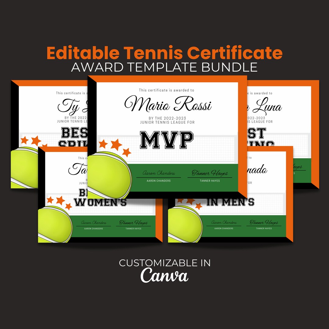Editable Tennis Certificate Bundle, Tennis Award, Printable Certificate ...
