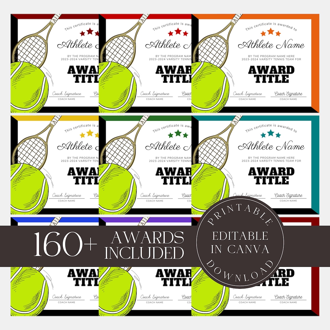 Editable Tennis Award Certificate Bundle Team Party Printable (canva ...