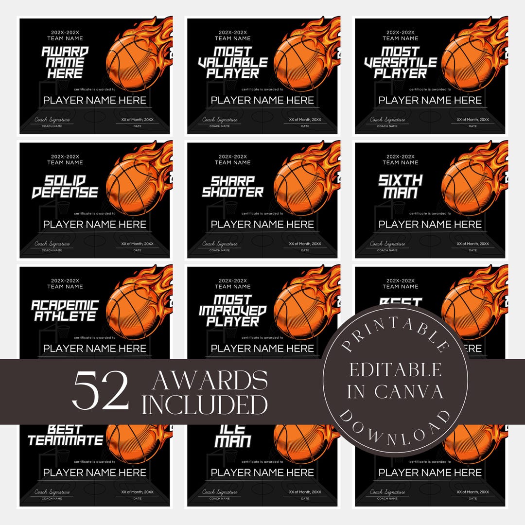 Basketball Team Awards: Editable Canva Certificate Bundle (digital ...
