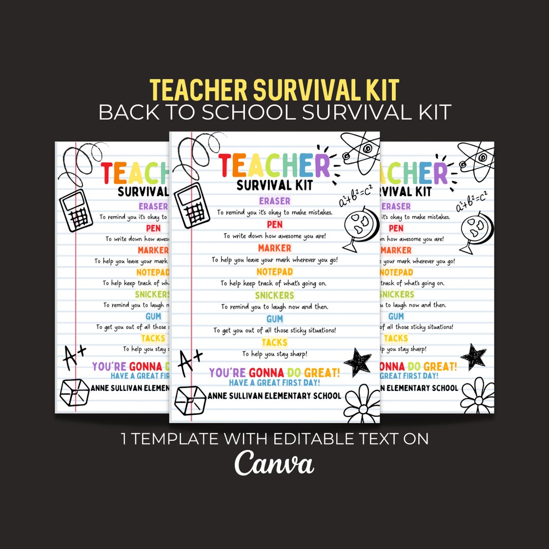 Editable Teacher Survival Kit Card Back to School Teacher - Etsy
