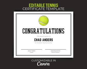 Tennis Certificate Fillable/editable PDF Participation - Etsy Canada