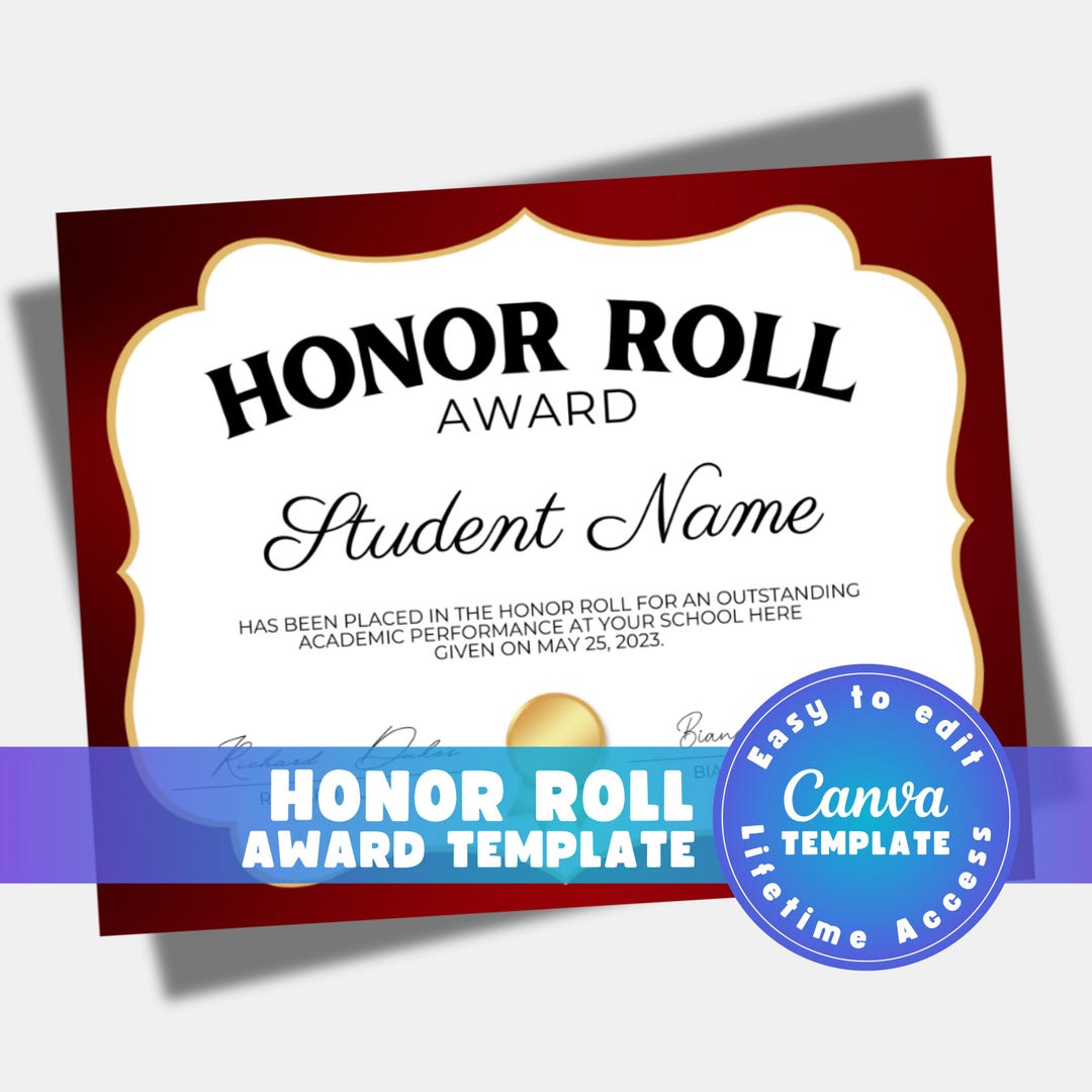 Editable School Honor Roll Certificate Template (canva PDF) - Etsy
