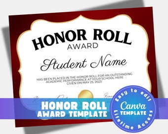 Honor Roll Certificate Template | Canva Editable Academic Award | Gold ...
