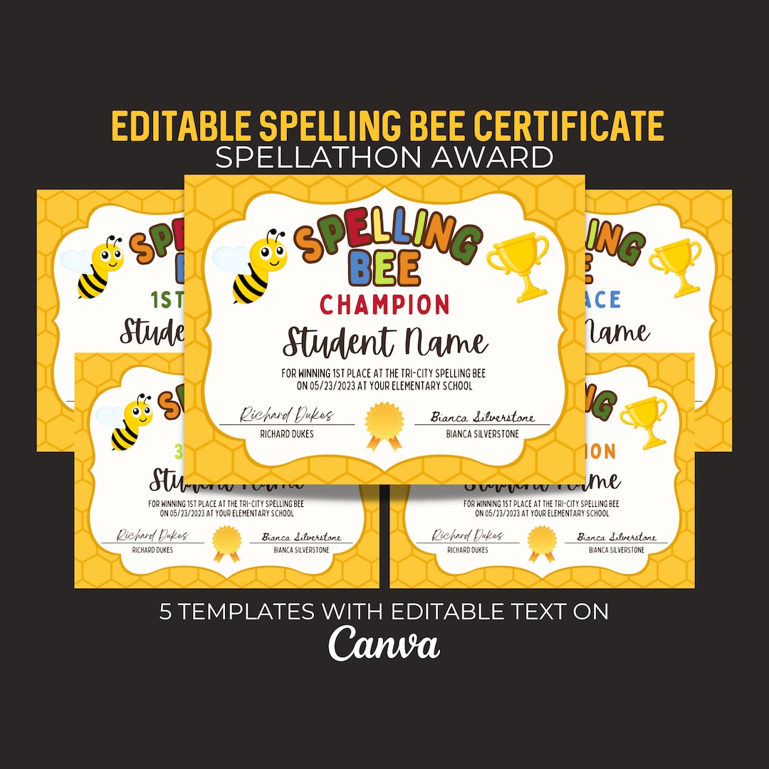 Editable Spelling Bee Certificates Spelling Bee Printable - Etsy